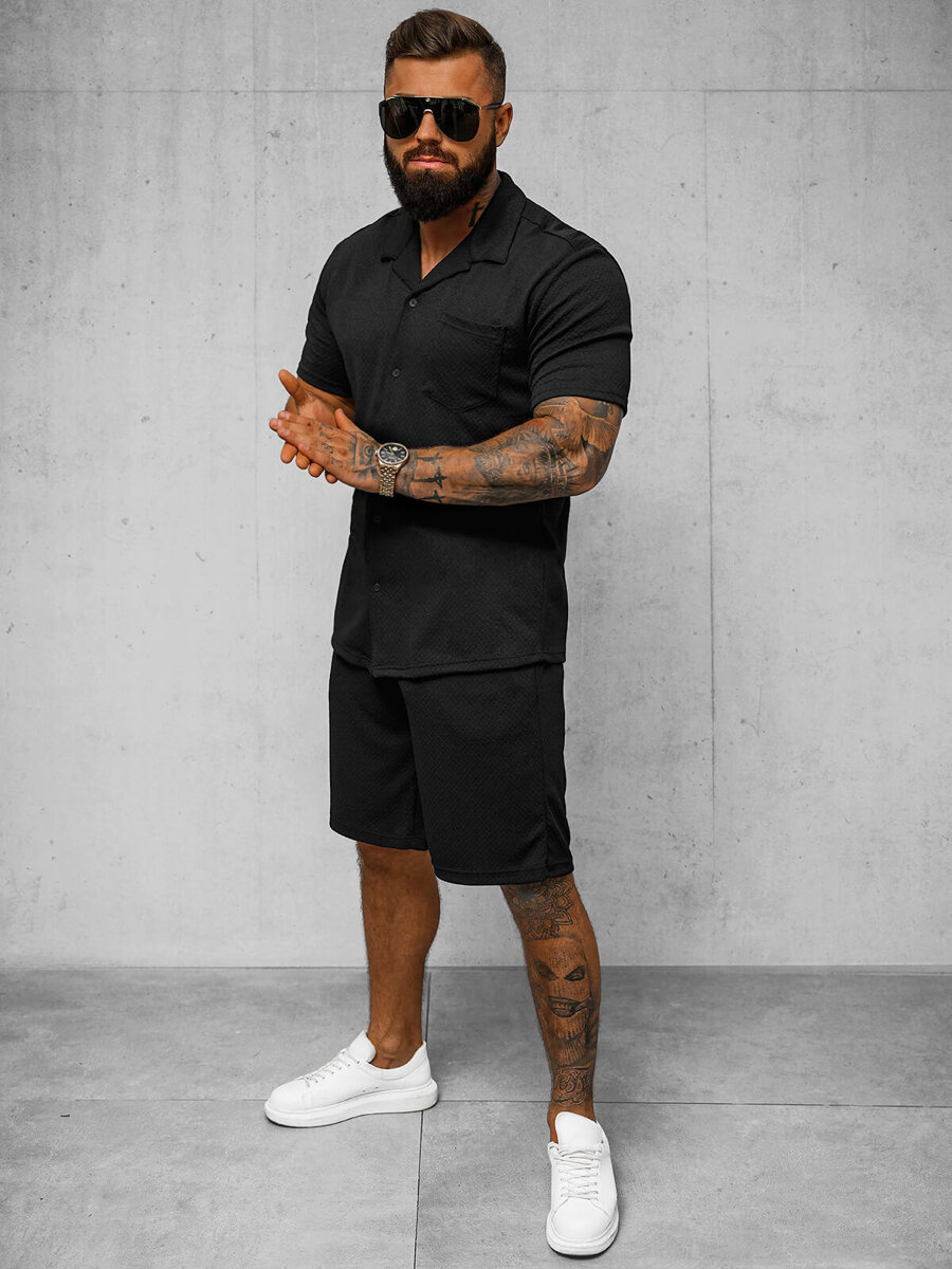 Schwarzes Herrenset – Hemd und Shorts OZONEE O/3C323 | OZONEE
